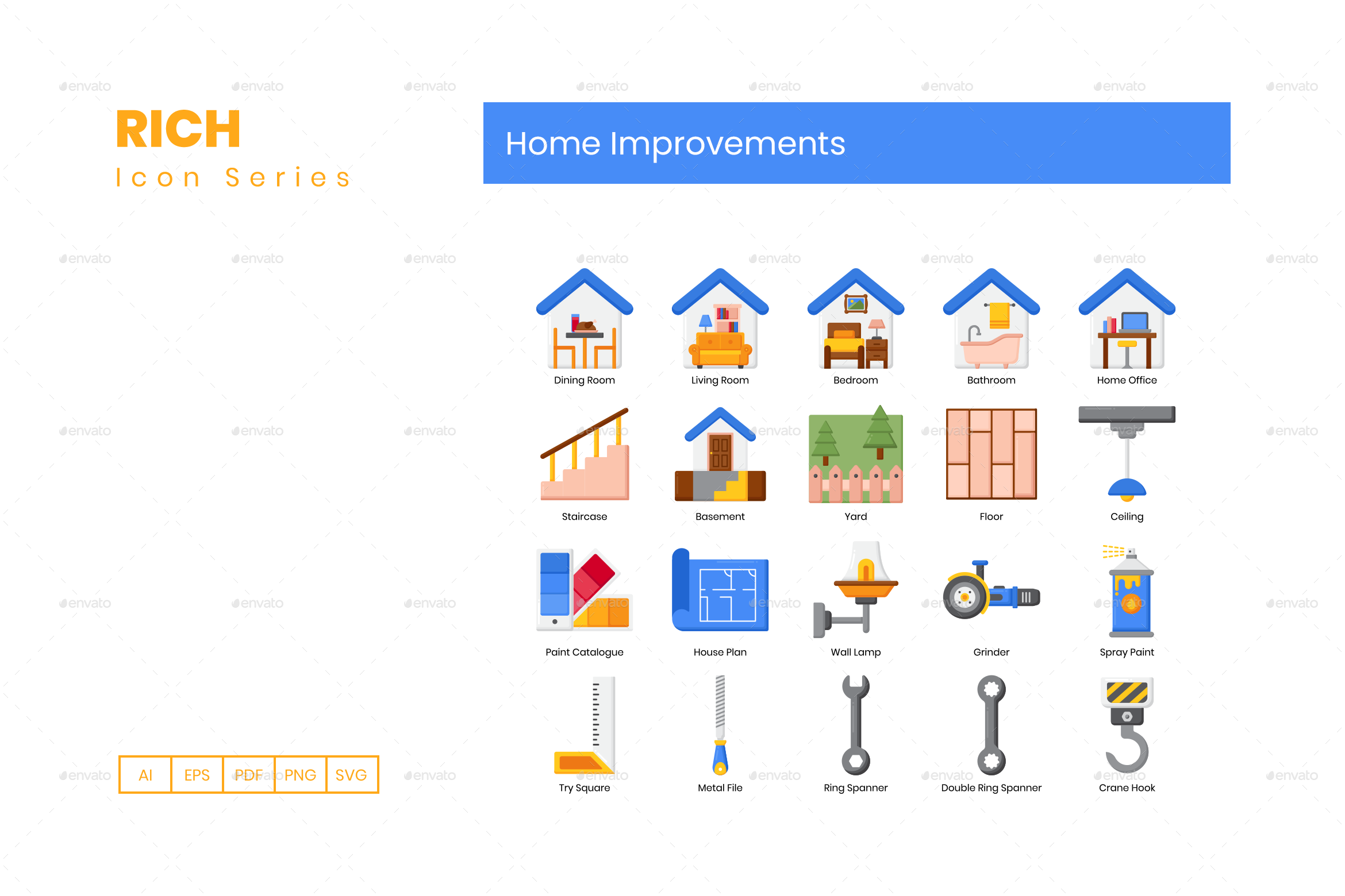 100 Home Improvements Icons - Rich Series, Icons | GraphicRiver