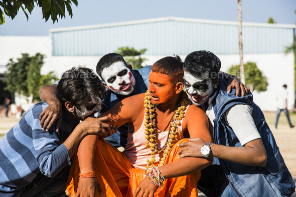 Portrait of blood thirsty vampire bites to man, Horrible scary Indian ...