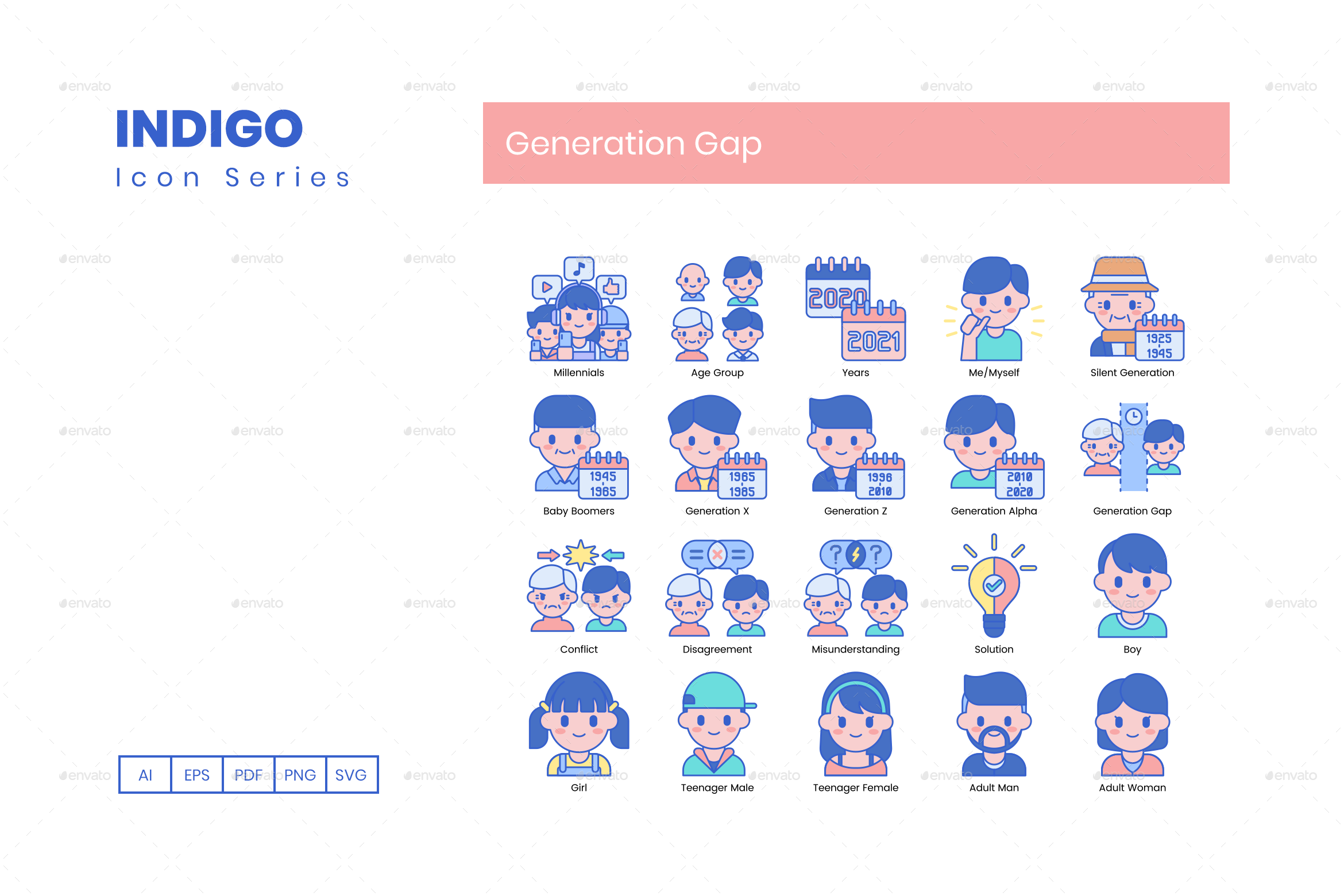 70 Generation Gap Icons | Indigo Series, Icons | GraphicRiver