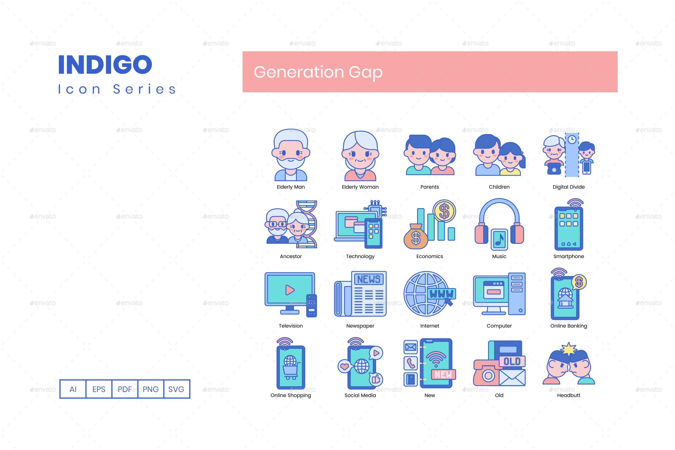 70 Generation Gap Icons | Indigo Series, Icons | GraphicRiver