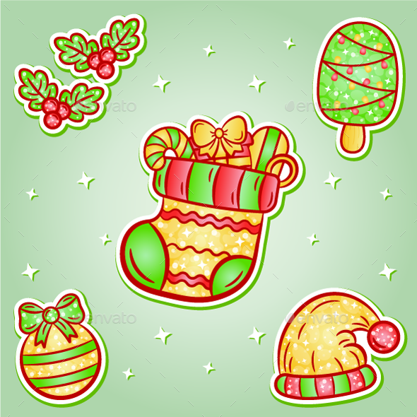 Christmas Cute Drawing Stickers Set, Vectors | GraphicRiver