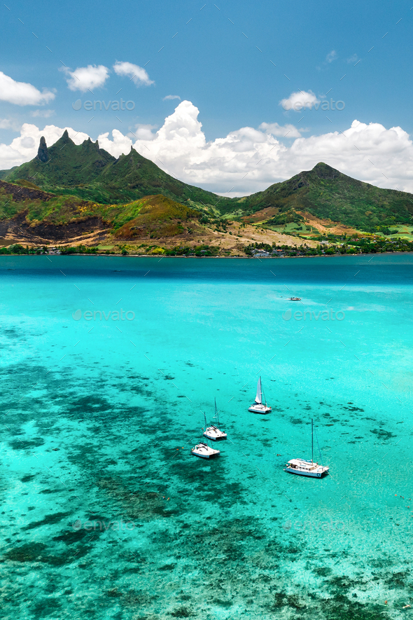 Top view of the lagoon and coral reef of Mauritius in the Indian Ocean ...