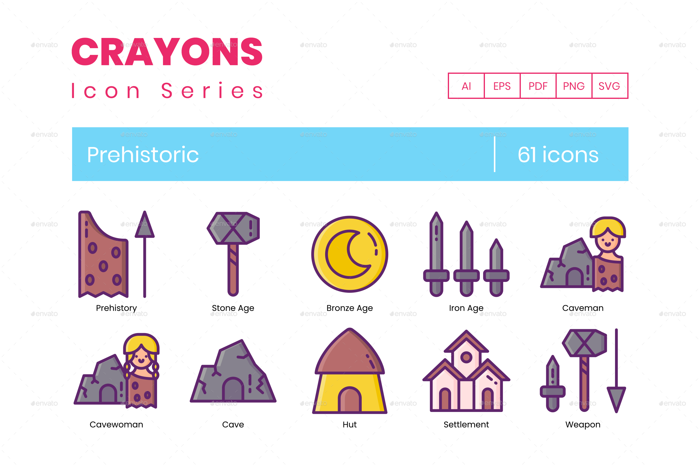 61 Prehistoric Icons | Crayons Series, Icons | GraphicRiver