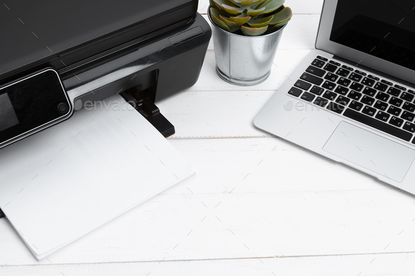 Printer and computer. Office table. Top view Stock Photo by FabrikaPhoto