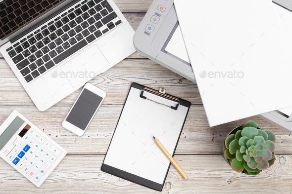 Printer and computer. Office table. Top view Stock Photo by FabrikaPhoto