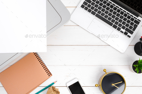 Printer and computer. Office table. Top view Stock Photo by FabrikaPhoto