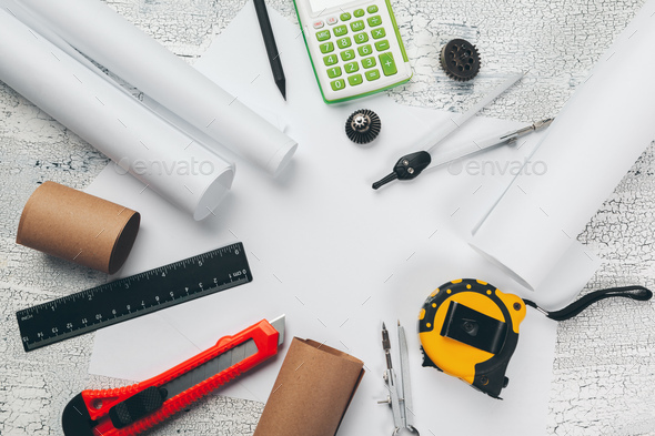 Drawing desk with tools for drawing top view Stock Photo by FabrikaPhoto