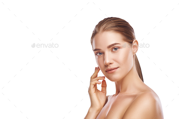 Beautiful womans face left side close-up studio on white Stock Photo by ...