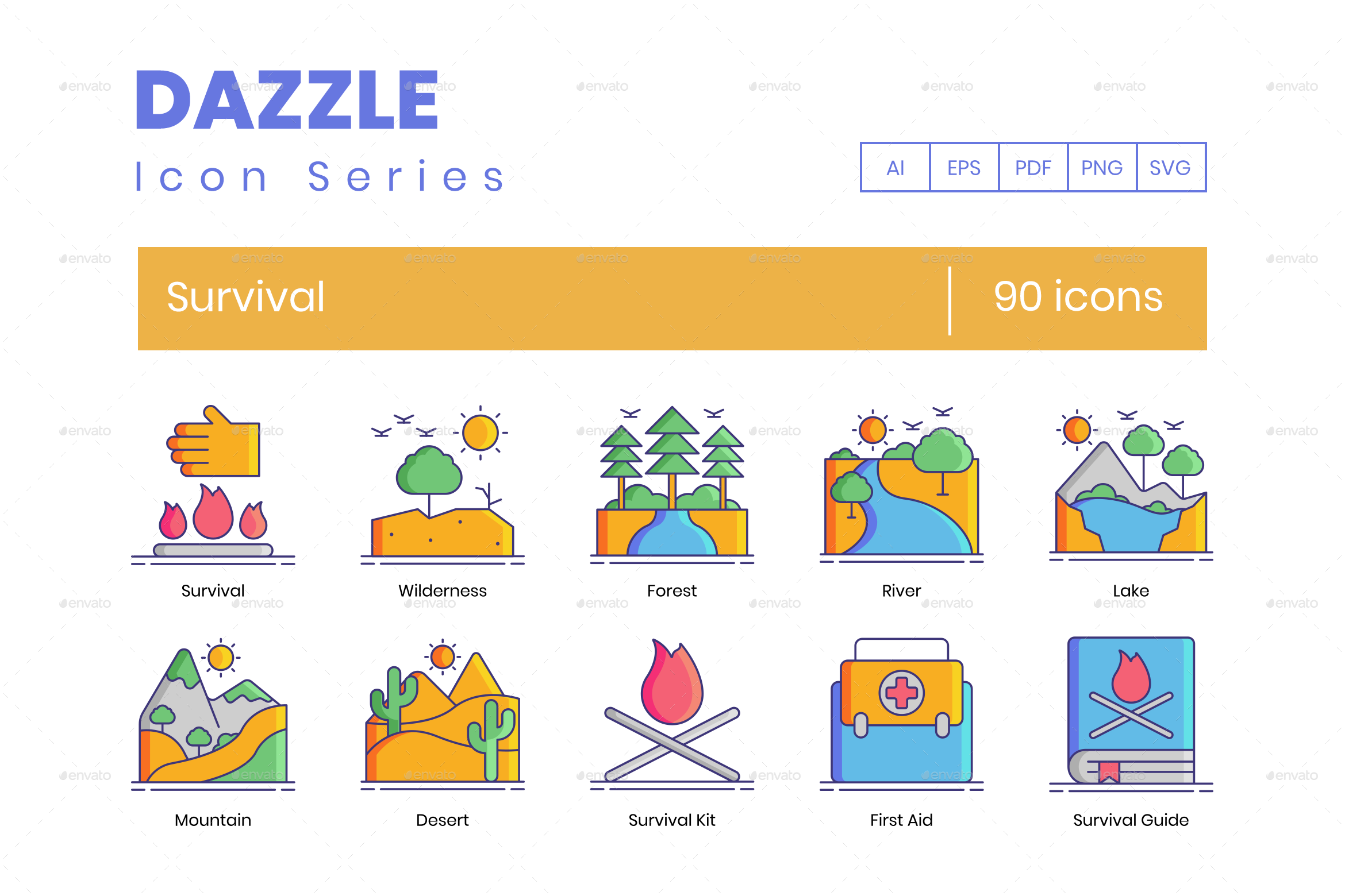 90 Survival Icons | Dazzle Series, Icons | GraphicRiver