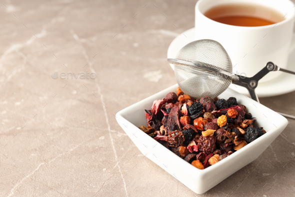 Concept of cooking tea with different types of tea on light textured ...