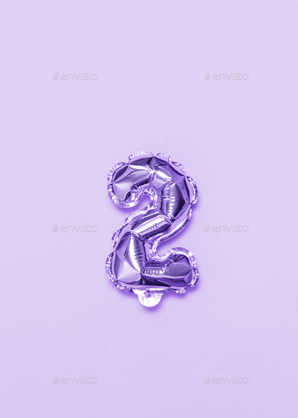 Foil Very peri color balloon number two on purple background. Two year ...