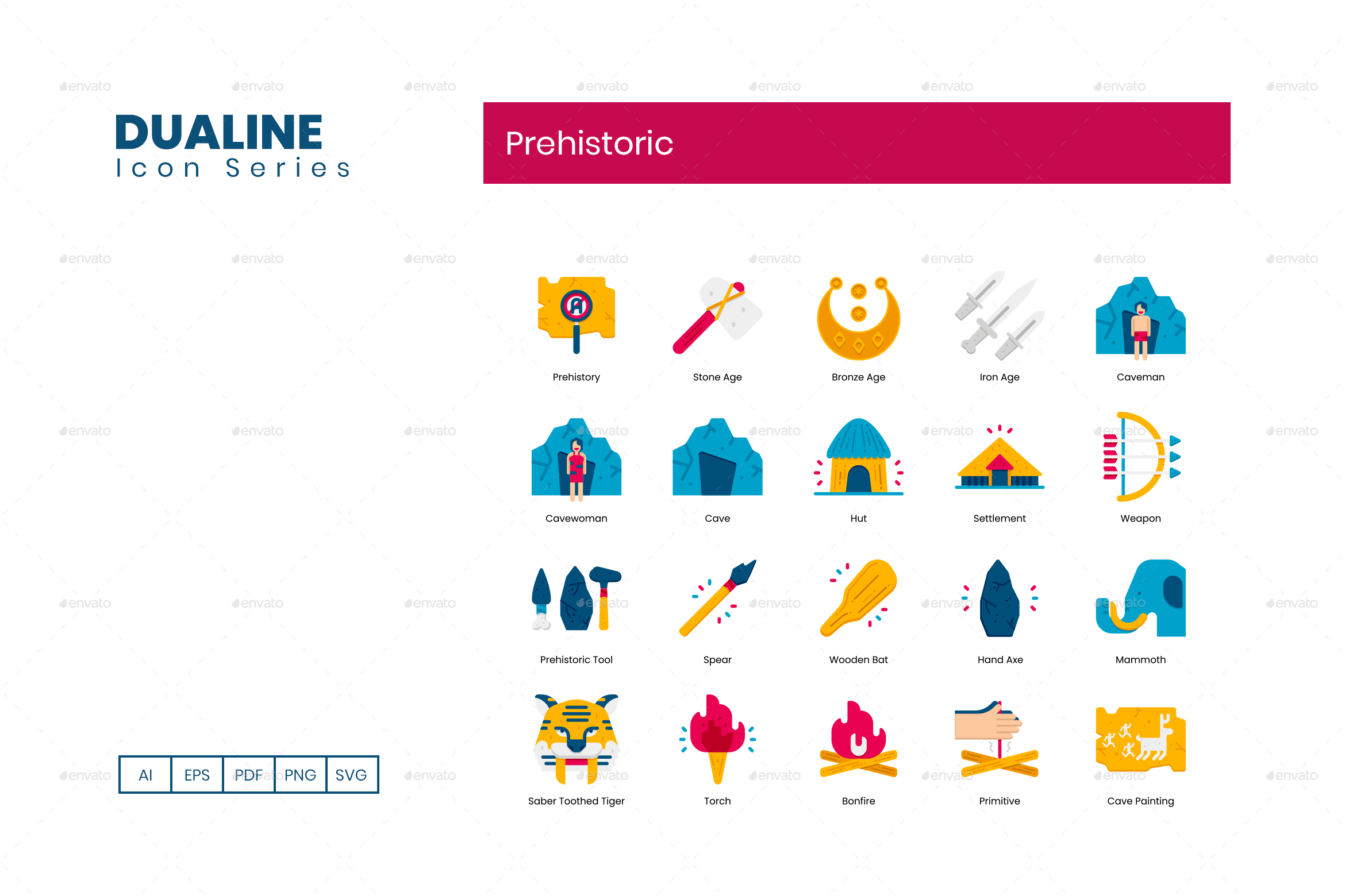 61 Prehistoric Icons - Dualine Flat Series, Icons | GraphicRiver