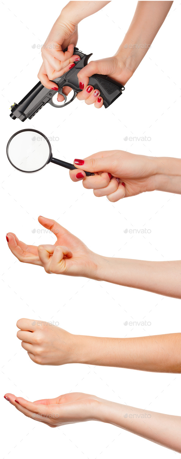 Multiple images set of female caucasian hand with objects isolated over ...