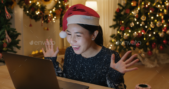 Asia people woman vlogger relax smile laugh waving hand greeting ...