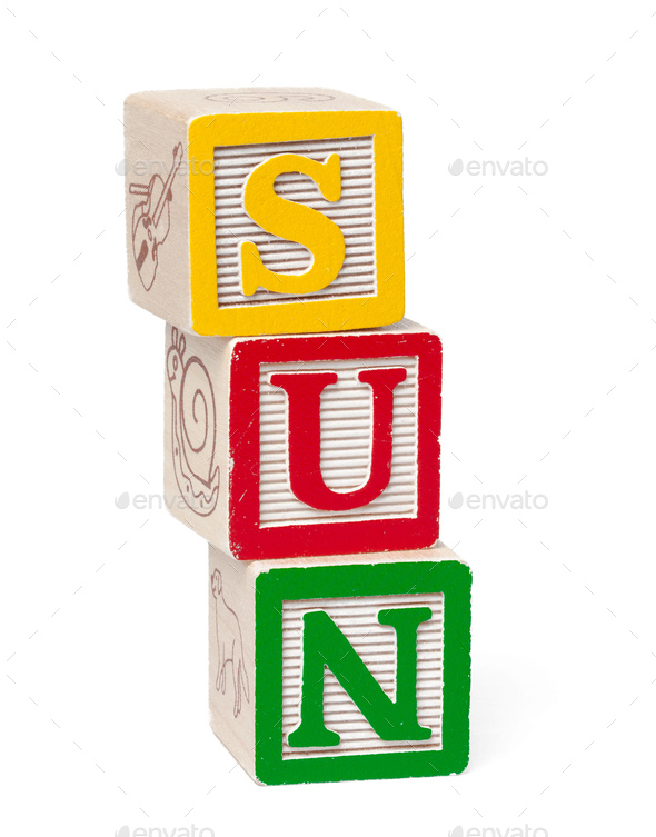 Colorful alphabet blocks. Word sun isolated on white background Stock ...