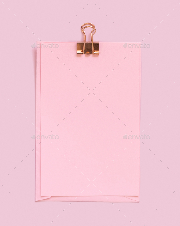 Pink paper card with clip on pink top view, card mockup Stock Photo by ...
