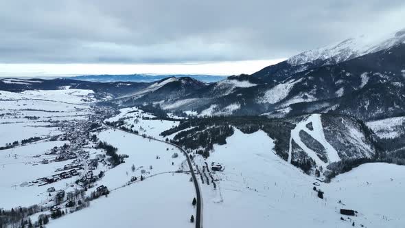 Aerial view of the village of Zdiar and the High Tatras in Slovakia ...