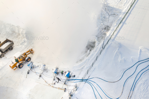 Top view of the work of four snow cannons for the production of ...