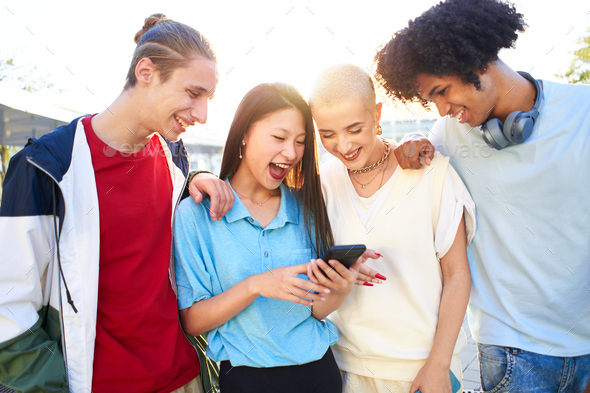 Gen Z young students using smartphone and social networks together ...