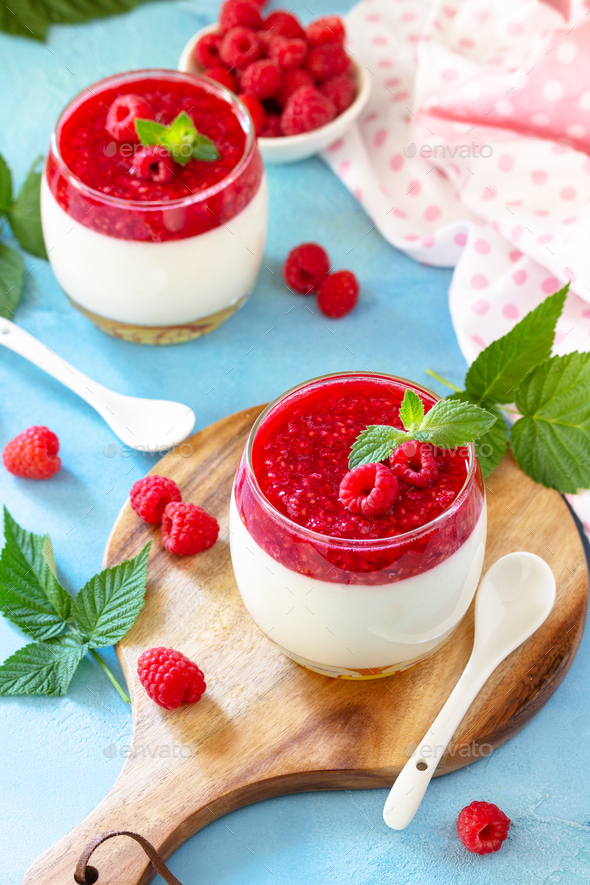 Italian dessert. Raspberry Panna cotta with raspberry jelly Stock Photo ...