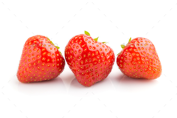 three red strawberry isolated on white background. side view. Stock ...