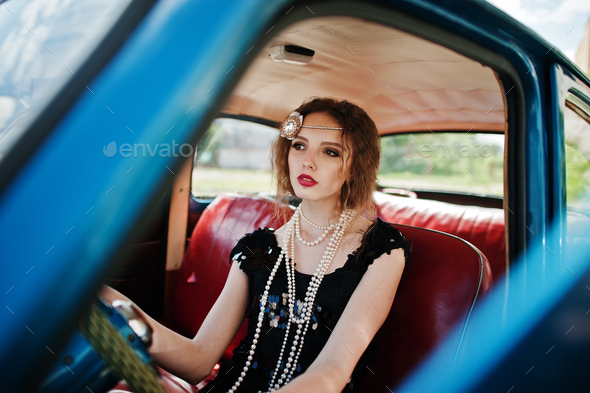 Girl model with bright makeup in retro style in vintage car Stock Photo ...