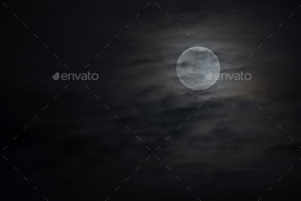 Full moon in the foggy night sky Stock Photo by Pasanheco | PhotoDune