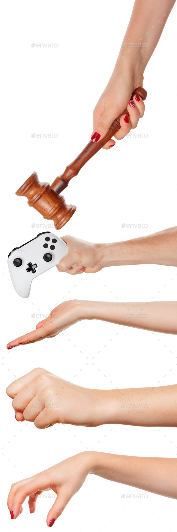 Multiple images set of female caucasian hand with objects isolated over ...