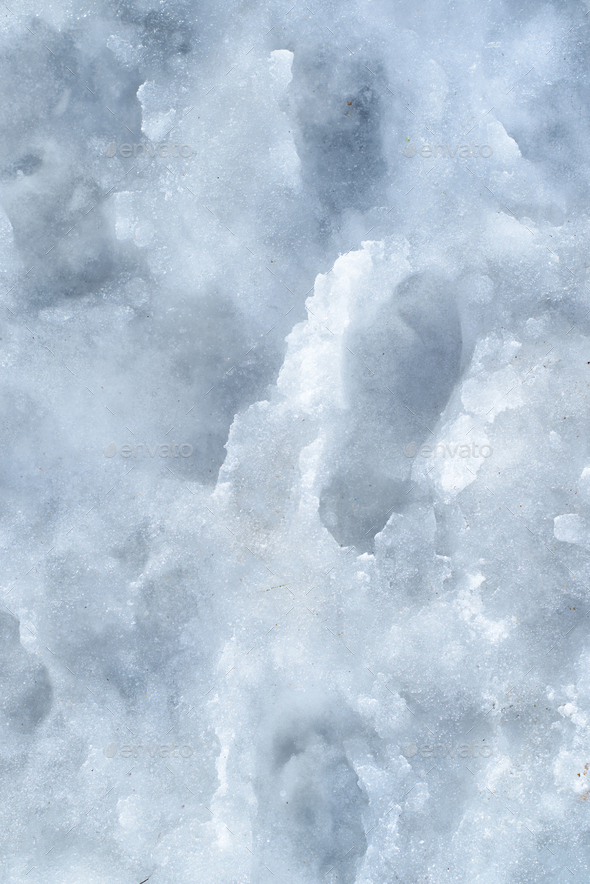 Shoe marks on the melted snow, thaw, slush. The surface of the melted ...