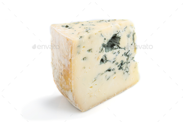 Piece of blue cheese isolated on white background. Side view. Stock ...
