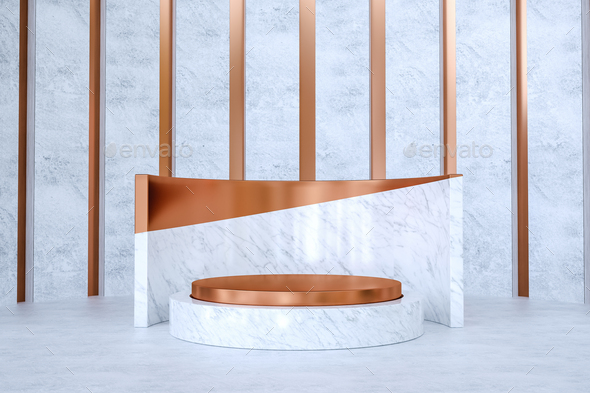 White marble stand with golden details for product presentation ...