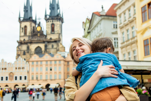 Mother and son at central market square in Prague, Czech Republic Stock ...