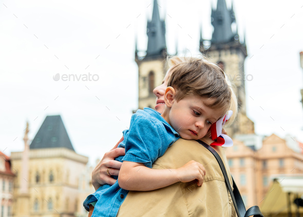 Mother and son at central market square in Prague, Czech Republic Stock ...
