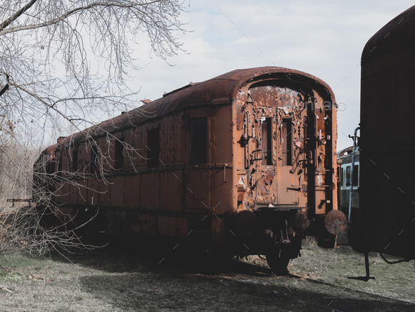 empty abandoned Soviet train cars at an abandoned stati Stock Photo by ...
