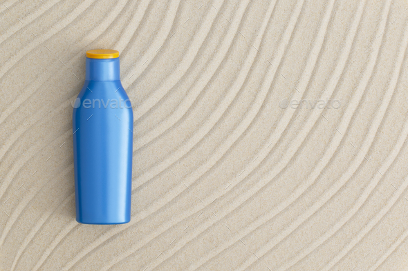 Blue tube of sunscreen on beach sand. Top view with copy space. Flat ...