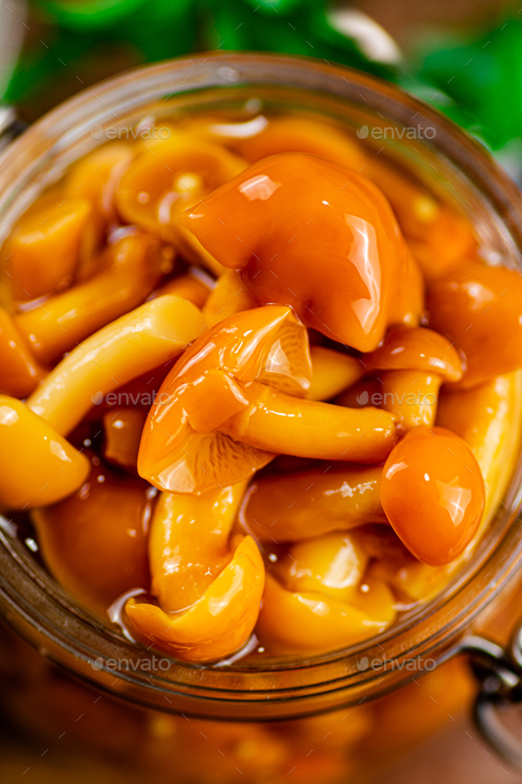 Fragrant marinated mushrooms. Macro background. Stock Photo by Artem_ka2