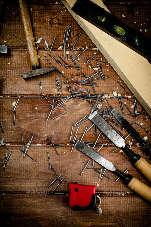 Working tool. Chisel, hammer and nails. Stock Photo by Artem_ka2 ...