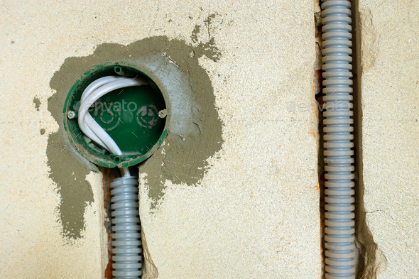 New electrical wiring installation, plastic boxe and electrical cable ...