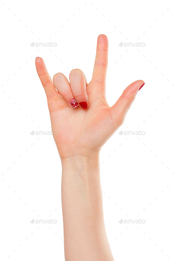 Beautiful woman hand sign holding isolated on white background Stock ...