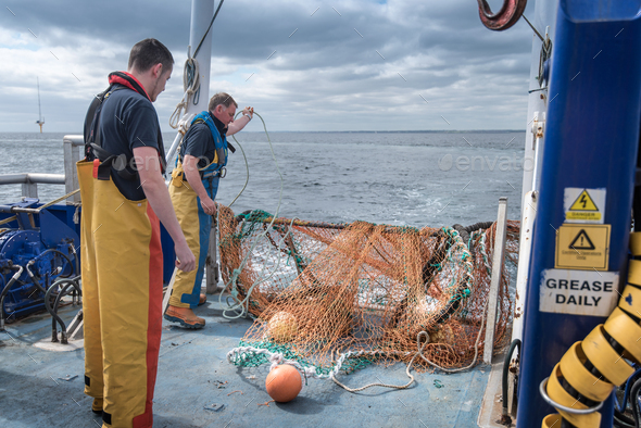Research scientists on deck of research ship with trawler net Stock ...