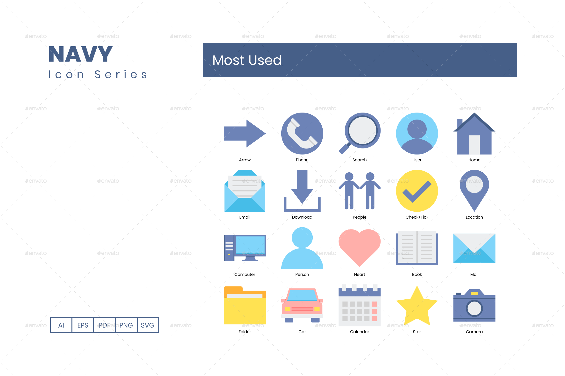 100 Most Used Icons | Navy Series, Icons | GraphicRiver