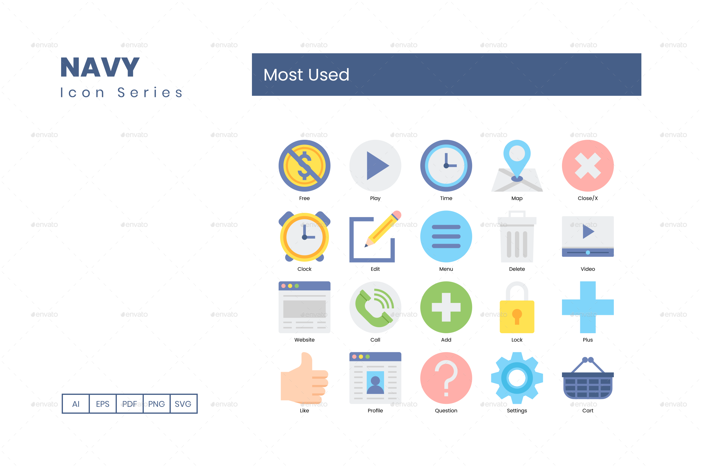 100 Most Used Icons | Navy Series, Icons | GraphicRiver