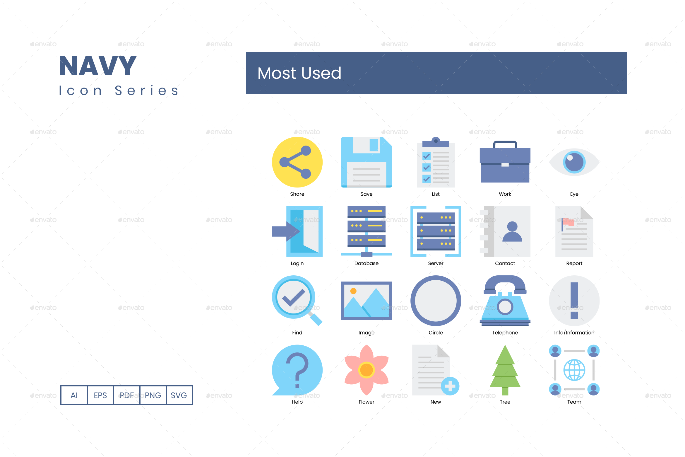 100 Most Used Icons | Navy Series, Icons | GraphicRiver