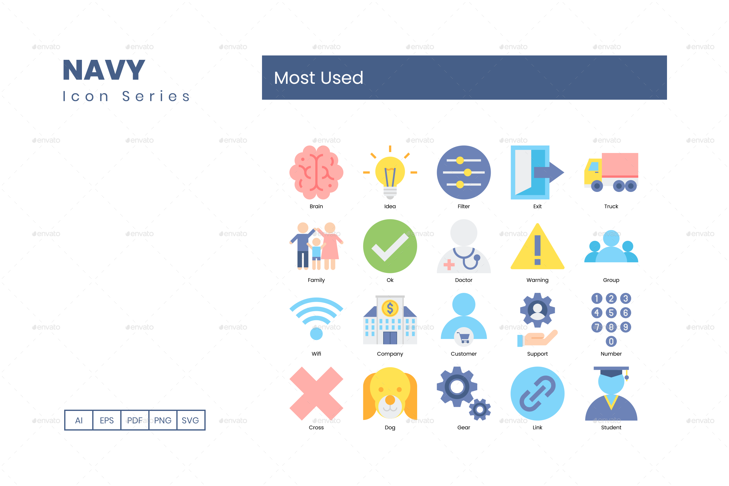100 Most Used Icons | Navy Series, Icons | GraphicRiver