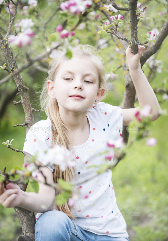 Little adorable girl sitting on blossoming tree Stock Photo by Olena_Rudo