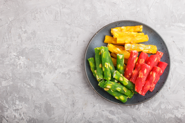 Set of various traditional turkish delight (rahat lokum) in blue ...