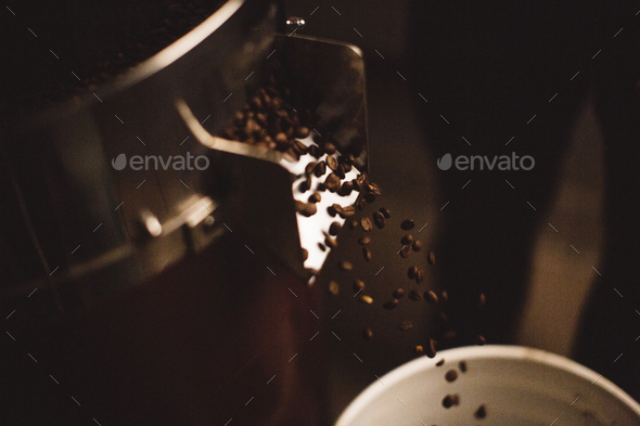 Coffee beans flowing from coffee roaster Stock Photo by nualaimages