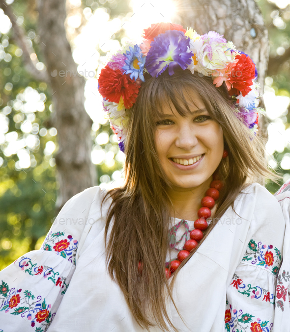 Two girls in national slavic costumes at outdoor. Stock Photo by Masson ...