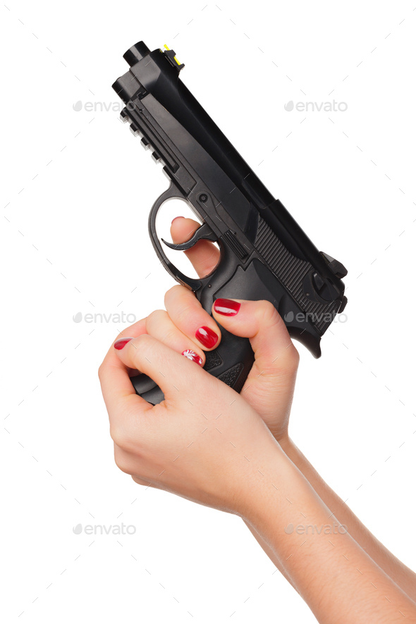 Photo of woman hand holding revolver handgun isolated on white ...