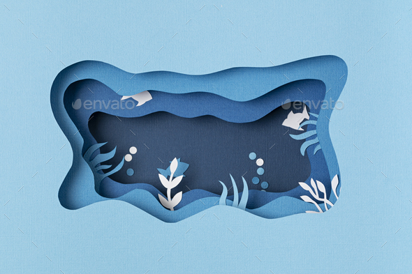 Paper cut for world ocean day deep underwater sea. Blue marine life ...